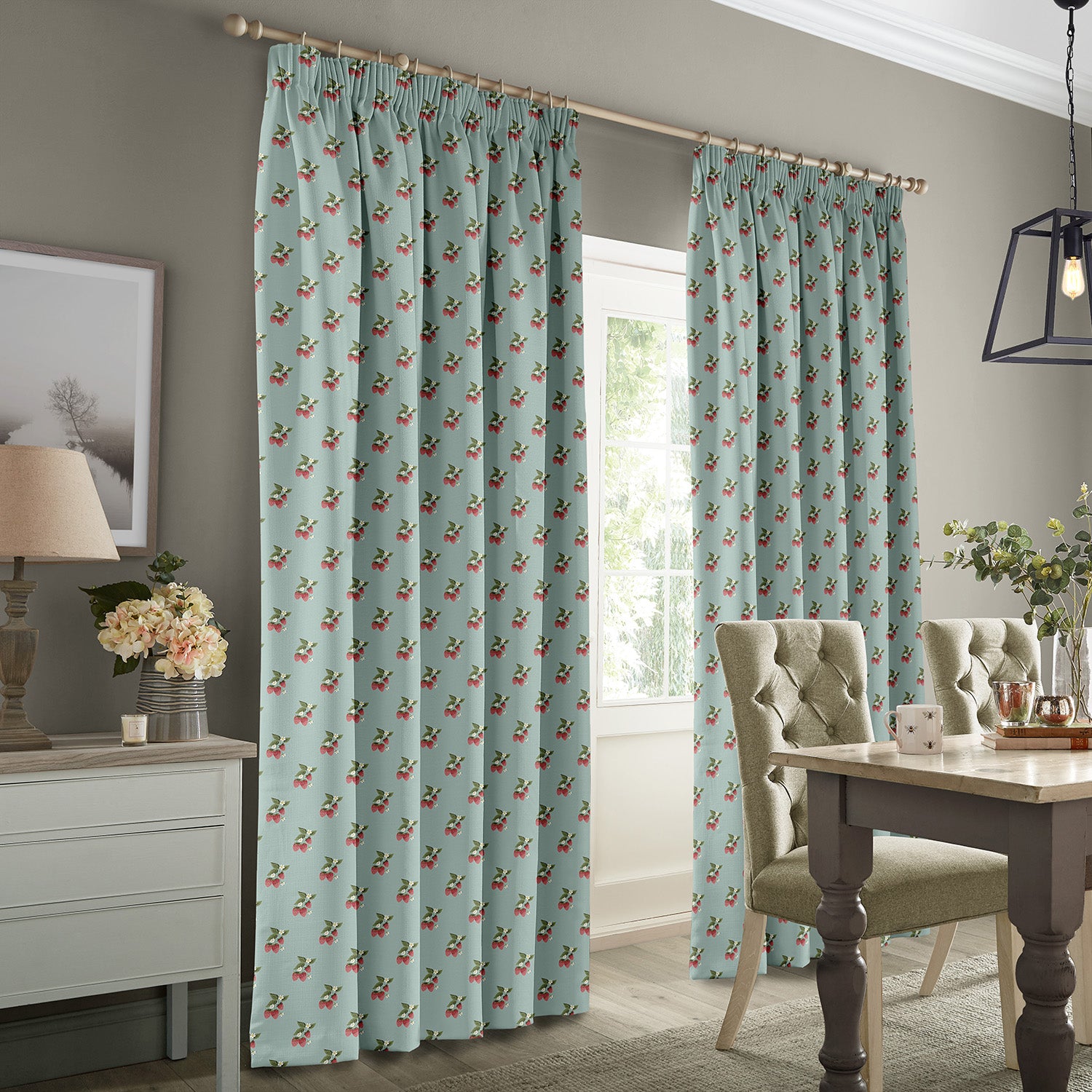 Strawberries Pale Blue Made to Measure Curtains by Sophie Allport