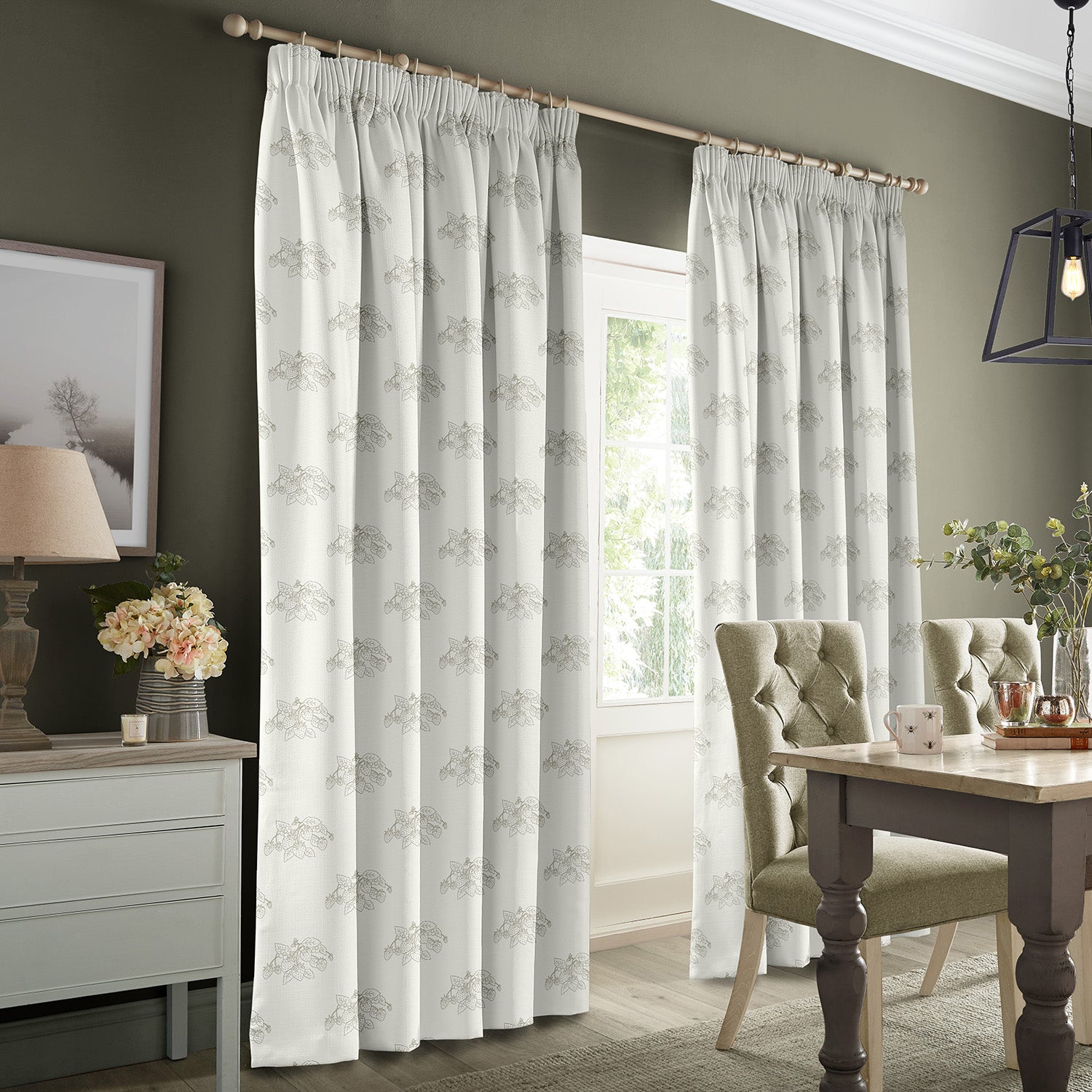 Strawberries Sage Made to Measure Curtains by Sophie Allport