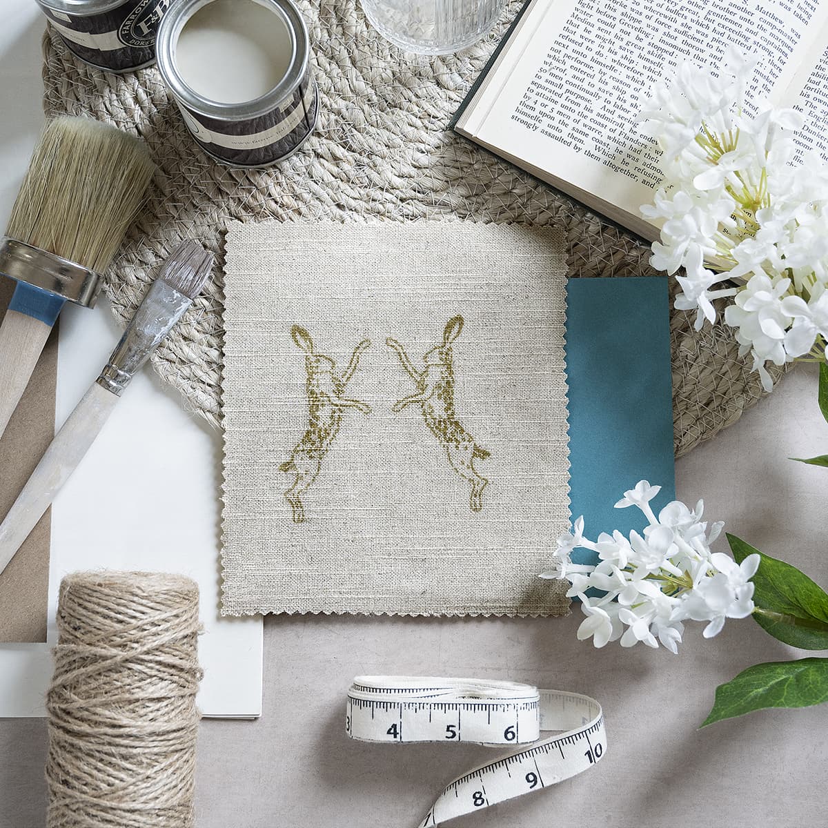 Boxing Hares Dark Stone Linen Blend Fabric By The Metre by Sophie Allport